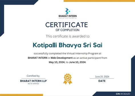 Bhavya Sri Sai Kotipalli On Linkedin Webdevelopment Internship Bharatintern Achievement