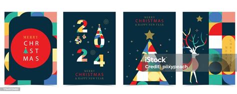 공 나무 순록이 있는 크리스마스 기하학적 배경 엽서 A4 크기의 편집 가능한 벡터 그림 0명에 대한 스톡 벡터 아트 및 기타 이미지 Istock