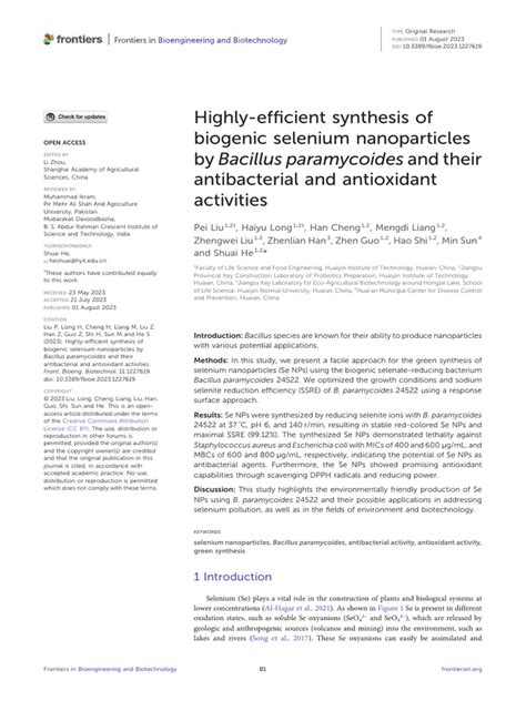 Highly Efficient Synthesis Of Biogenic Selenium Nanoparticles By Bacillus Paramycoides And Their
