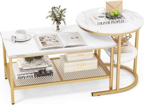 GOFLAME Nesting Coffee Table Set Of 2 2 PCS Nesting Tables With Faux Marble Top And Extra