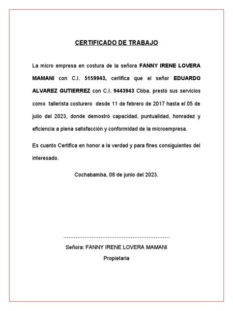 Certificado De Trabajo Pdf