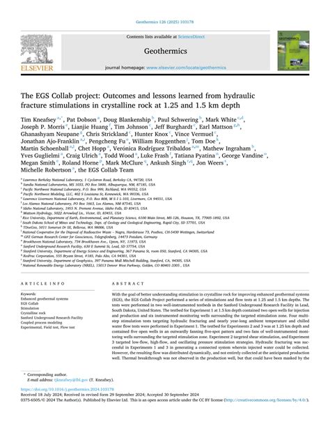 Pdf The Egs Collab Project Outcomes And Lessons Learned From Hydraulic Fracture Stimulations