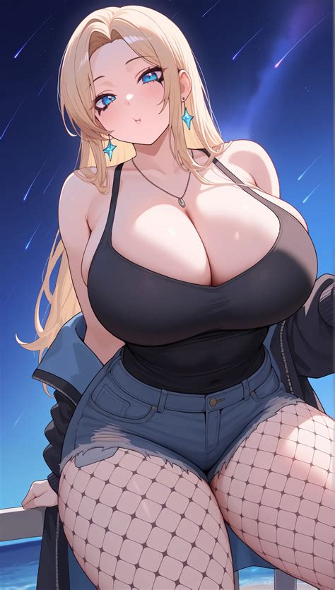 Chica Anime Con Senos Grandes Posando En Una Barandilla Por La Noche