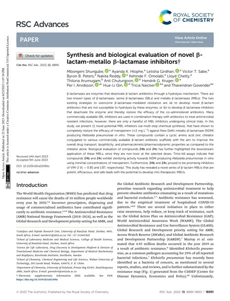 Pdf Synthesis And Biological Evaluation Of Novel β Lactam Metallo β