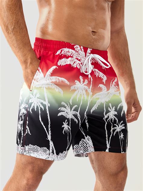 Men Palm Tree Print Ombre Drawstring Waist Swim Trunks Drawstring
