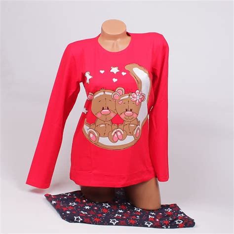 Сладка дамска пижама в червено и синьо с мечета и звезди Пижама Синий Материя