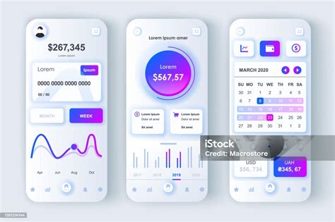 금융 서비스 개념 호형성 템플릿 세트 온라인 뱅킹 계정 개설 모니터링 및 탐색 반응형 모바일 앱을 위한 Ui Ux Gui 화면 노이형성 스타일의 벡터 디자인 키트 3차원