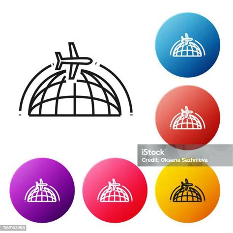 흰색 배경에 격리 비행 비행기 아이콘 블랙 라인 글로브 비행기는 행성 지구 주위를 비행 항공기 세계 아이콘입니다 아이콘 다채로운