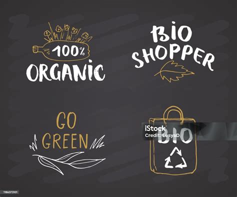 에코 및 바이오 핸드 그린 라벨 세트 환경 친화적 인 스케치 낙서 요소와 서예 레터링 칠판 배경의 벡터 일러스트레이션 0명에 대한 스톡 벡터 아트 및 기타 이미지 Istock