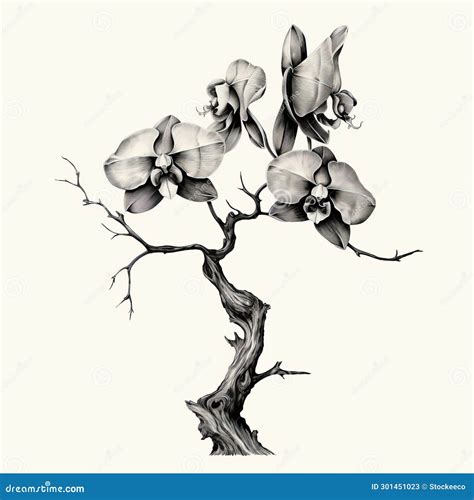 Hyperrealistic Tree Drawing With Orchids A Graceful Composition Stock Illustration