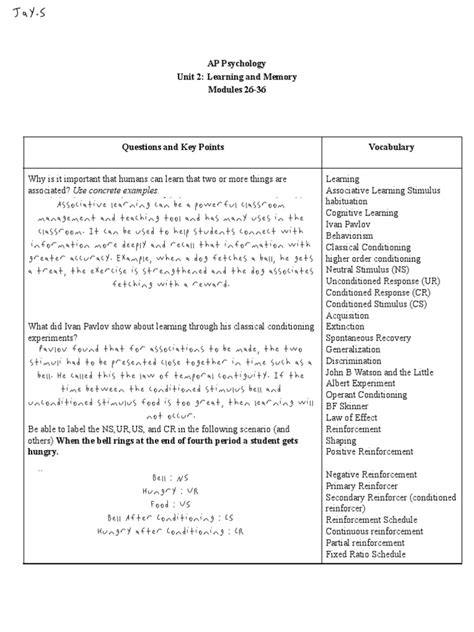 Ap Psychology Unit 2 Notes Packet Learning And Memory Pdf