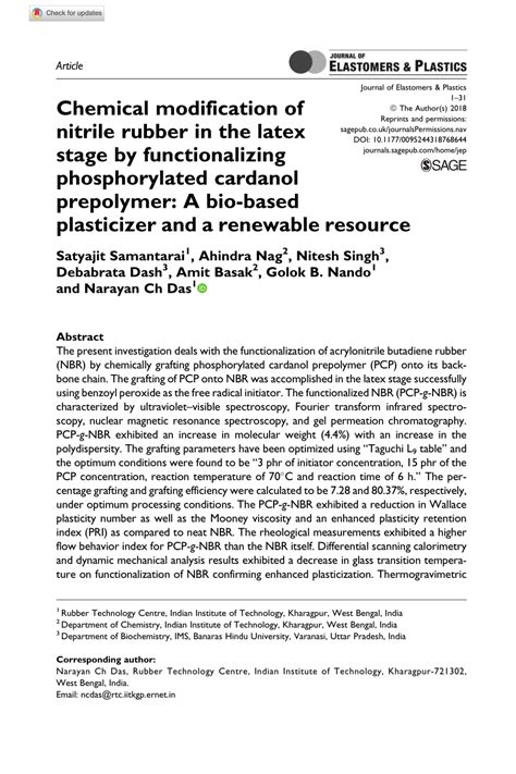 Pdf Chemical Modification Of Nitrile Rubber In The Latex Stage By Functionalizing