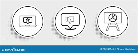 Set Line Board With Graph Chart Laptop Star And Dislike In Speech Bubble Icon Vector Stock