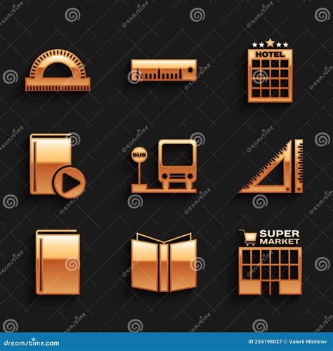 Set Bus Stop Open Book Supermarket Building Triangular Ruler Book Audio Hotel And