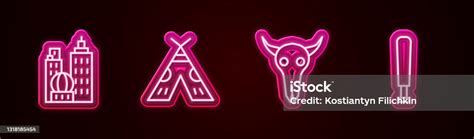세트 라인 시티 풍경 인도 티피 또는 위그웜 버팔로 두개골과 야구 방망이 빛나는 네온 아이콘 벡터 0명에 대한 스톡 벡터 아트 및 기타 이미지 Istock