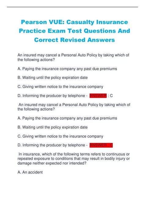 Pearson VUE Casualty Insurance Practice Exam Test Questions And