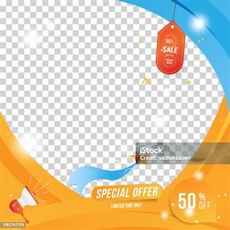 소셜 페이지에 대한 배너입니다 특별 제공 메가 세일 50 비행기 구름의 투명 한 배경에 라우드 스피커 종이와 빛나는 조명에서