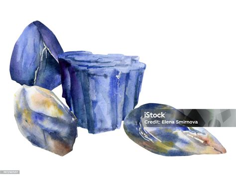 손으로 그린 수채화 그림 귀중한 준보석 보석 크리스탈 차크라 탄생 돌 사파이어 Aventurine Larimar 구성 고립 된 흰색 배경입니다 디자인 프린트 숍 쥬얼리 패션