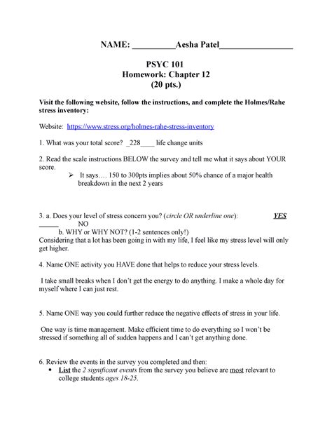 Chapter 12 Homework Home Work Name Aesha Patel Psyc 101
