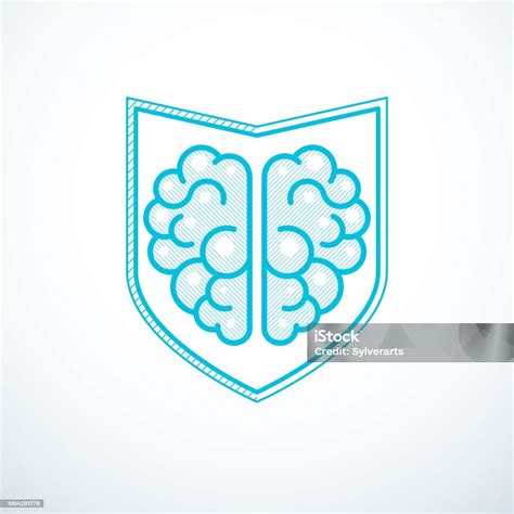 방어 개념의 지능형 소프트웨어 바이러스 백신 또는 방화벽 스마트 인간의 해 부 두뇌 가드 탄약 방패로 구성 벡터 아이콘 템플릿입니다 건강관리와 의술에 대한 스톡 벡터 아트