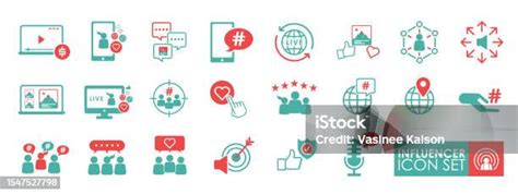 인플루언서 아이콘 세트입니다 인플루언서 디지털 마케팅 콘텐츠 창작 블로거 해시태그 소셜 미디어 등을 포함합니다 단색 아이콘 세트 벡터 그림입니다 선거에 대한 스톡 벡터 아트