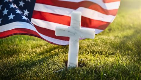 White Miniature Cross And American Flag Faith And Patriotism