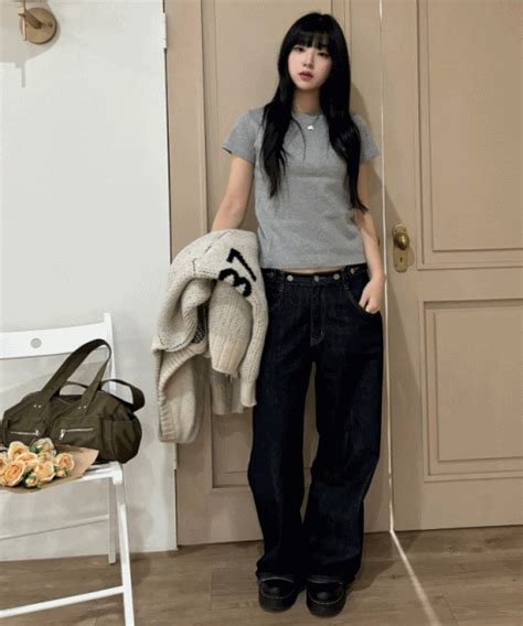 논페이드허리조절 하이로우 생지 비죠 와이드데님 에이블리