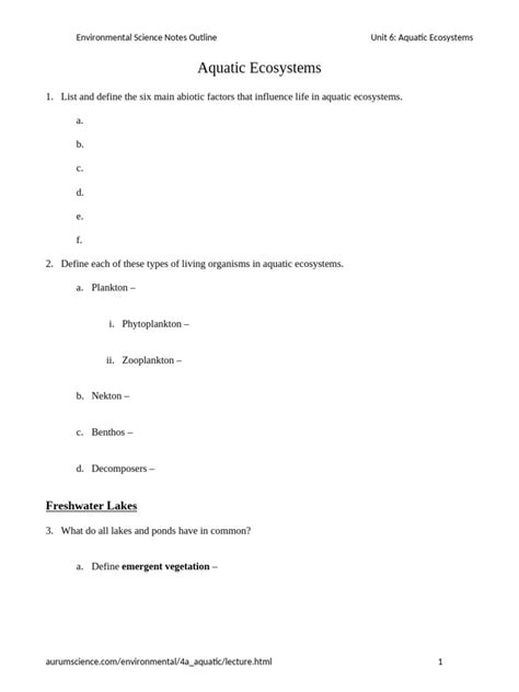 Aquatic Ecosystems Notes Outline Pdf Coast Aquatic Ecosystem