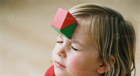 Young Girl With Closed Eyes Intently Balancing A Colorful Building