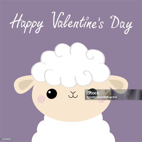 해피 발렌타인 데이 양 양 얼굴 머리 아이콘입니다 귀여운 만화 가와이 재미 웃는 아기 캐릭터 사랑 인사말 카드 플랫 디자인 보라색 배경입니다 격리 귀여운에 대한 스톡 벡터