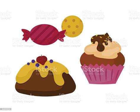 과자 식품 베이커리 디저트 제과 사탕 디자인 설탕 및 간식으로 초콜릿 케이크 화려한 휴가 캔디 카라멜 아이콘 벡터 일러스트 레이 션 가지 식물 부위에 대한 스톡 벡터 아트