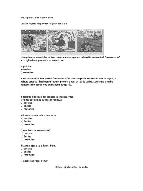 Prova 9 Ano Diferenciada Download Grátis Pdf Pronome Linguística
