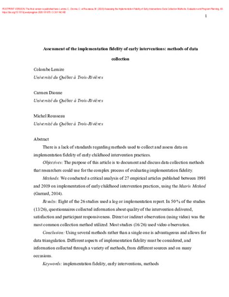 Pdf Assessing The Implementation Fidelity Of Early Interventions