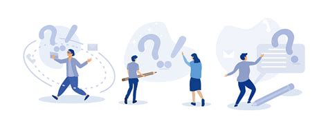 느낌표와 물음표 근처에 서 있는 사람들 캐릭터 여자와 남자는 질문을하고 답변을받습니다 자주 묻는 질문 개념입니다 평면 벡터 현대