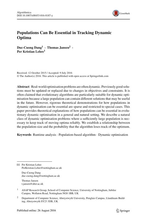 Pdf Populations Can Be Essential In Tracking Dynamic Optima