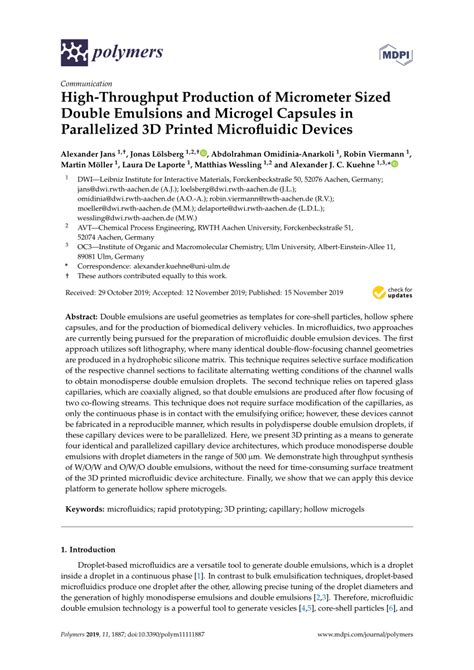 Pdf High Throughput Production Of Micrometer Sized Double Emulsions
