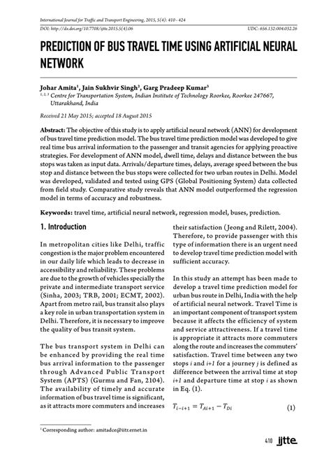Pdf Prediction Of Bus Travel Time Using Artificial Neural Network