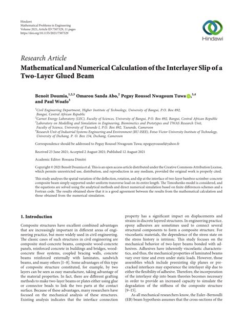 Pdf Mathematical And Numerical Calculation Of The Interlayer Slip Of A Two Layer Glued Beam