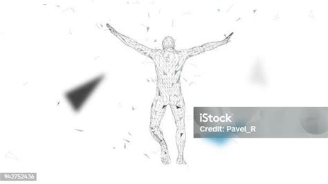 개념적 추상 남자입니다 흰색 바탕에 입자 삼각형 점 라인 연결 인공 지능 개념입니다 첨단 기술 벡터 디지털 배경입니다 3d 렌더링 벡터 일러스트 레이 션 가상현실에 대한