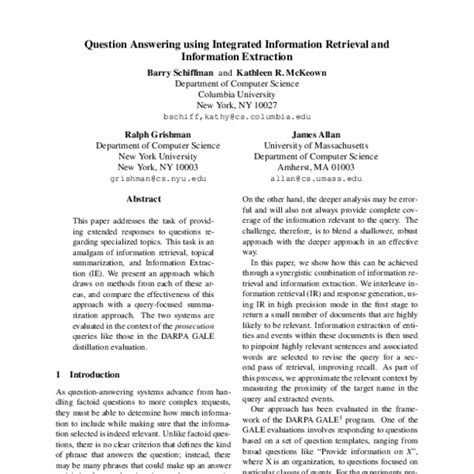 Question Answering Using Integrated Information Retrieval And Information Extraction Acl Anthology