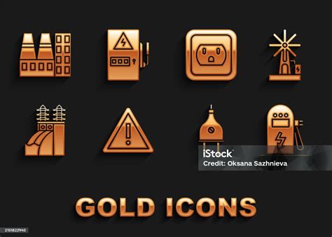 삼각형 풍력 터빈 전기 자동차 충전소 플러그 원자력 발전소 전기 콘센트 미국 전력 및 공장 및 패널 아이콘에 느낌표를 설정합니다 벡터 건축하기에 대한 스톡 벡터 아트 및