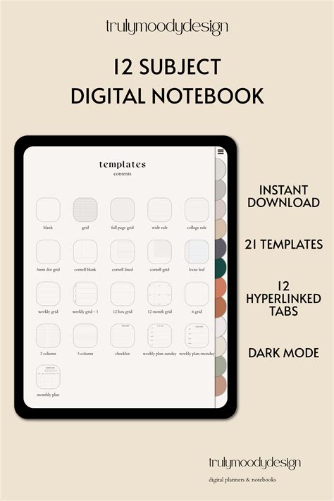 12 Subject Digital Notebook Hyperlinked Tabs Digital Notebooks Digital Planner College Rule