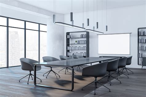 텅 빈 흰색 모형 포스터 콘크리트 벽 나무 바닥 가구 및 장비가 있는 현대적인 회의실 인테리어 3d 렌더링 0명에 대한 스톡 사진 및 기타 이미지 Istock