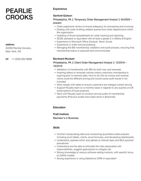 Order Management Analyst Resume Samples Velvet Jobs