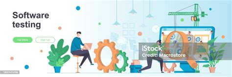 사람 캐릭터가 있는 소프트웨어 테스트 방문 페이지입니다 프로그램 테스트 디버깅 프로세스 웹 배너 소프트웨어 엔지니어링 벡터