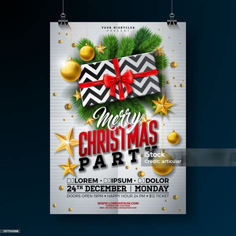 크리스마스 선물 상자 골드 스타 유리 볼과 흰색 배경에 인쇄 술 레터링 파티 전단지 그림 초대 또는 배너 벡터 축제 포스터 디자인 템플릿 12월에 대한 스톡 벡터 아트 및