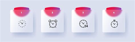 시계 설정 아이콘 시간 엄수 알람 시계 시간 분 계획 일정 계획 약속 24시 24시 간판 시계 타이머 스톱워치 시간 관리 개념 Glassmorphism 스타일 프리미엄 벡터