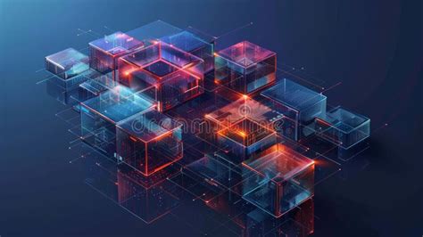 Abstract Futuristic Digital Network Of Glowing Cubes Connected By Lines On Blue Background Stock