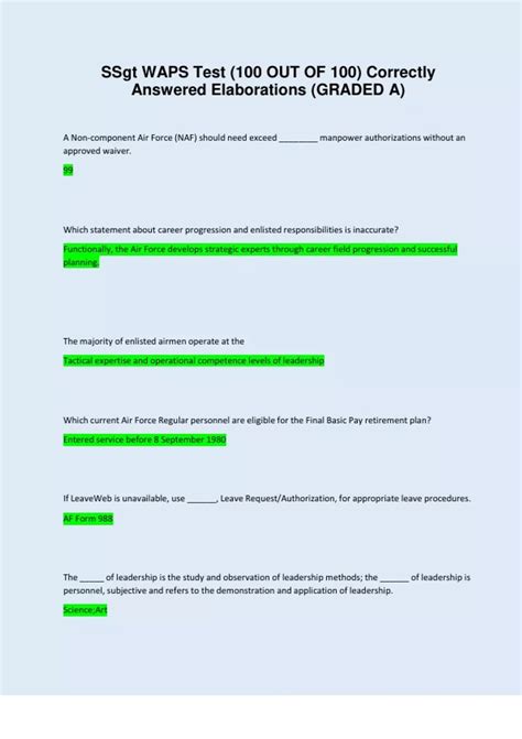 Ssgt Waps Test 100 Out Of 100 Correctly Answered Elaborations Graded A Ssgt Waps Stuvia Us