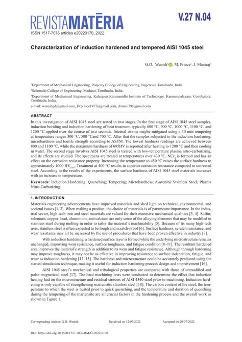 Pdf Characterization Of Induction Hardened And Tempered Aisi 1045 Steel
